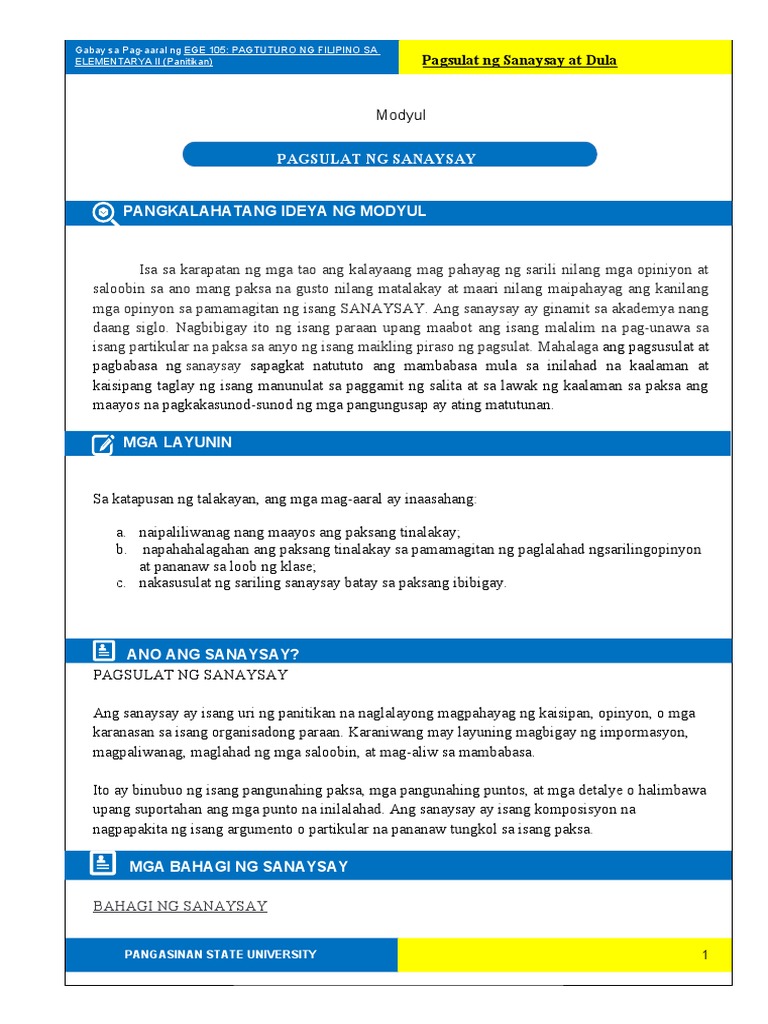Ege 105 Modyul Pagsulat NG Sanaysay at Dula Bee Ege I 1 | PDF