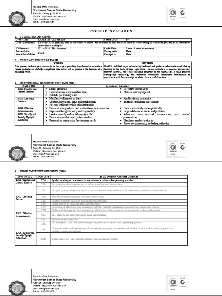Analytic Geometry Course Syllabus | PDF | Engineering | Tangent