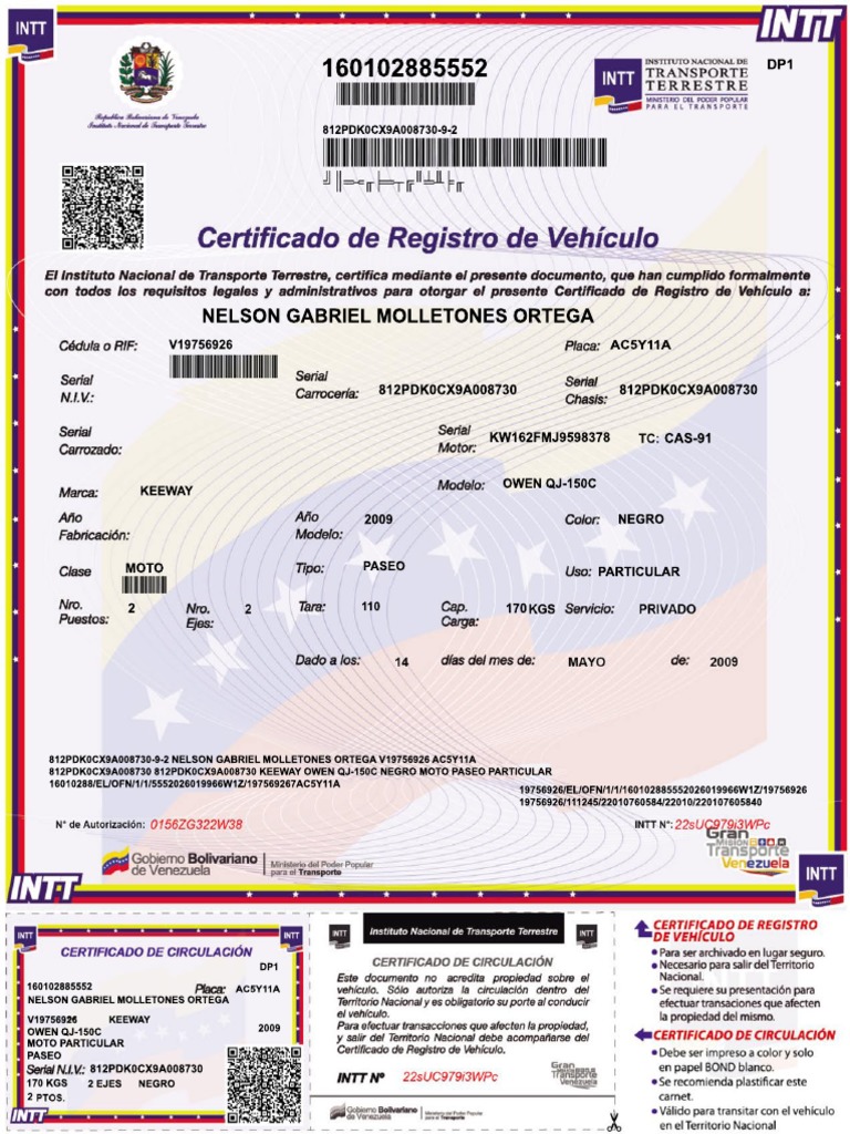 Certificado de Registro de Vehiculo | PDF