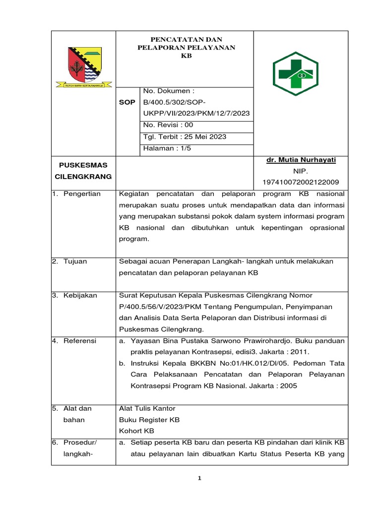 SOP Pencatatan Dan Pelaporan Pelayanan KB | PDF