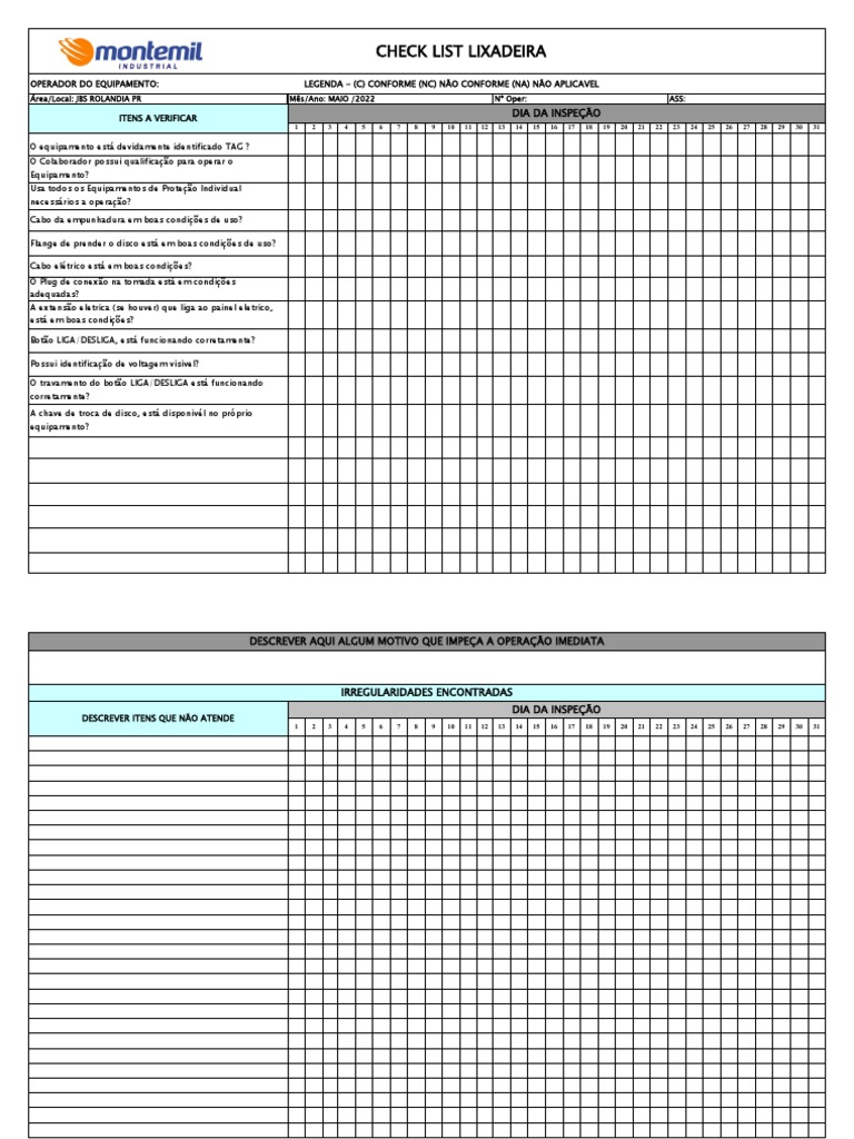Check List Mensal (Lixaderia Mensal) Montemil | PDF