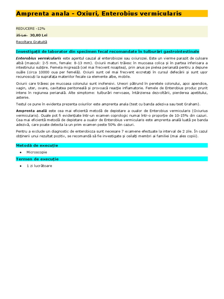 Amprenta anala - Oxiuri, Enterobius vermicularis | PDF