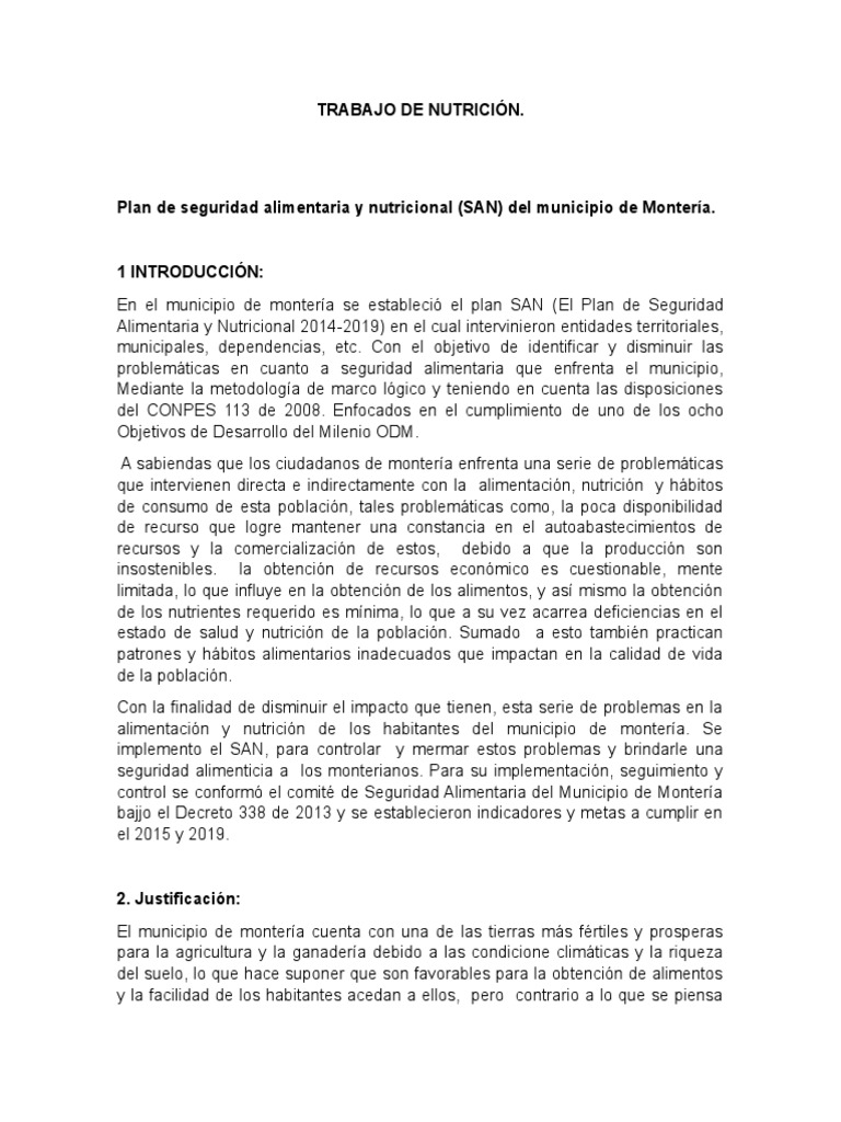 Plan de Seguridad Alimentaria y Nutricional (SAN) Del Municipio de Montería. | PDF | Salud y ...