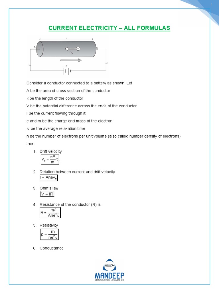Current Electricity Formula Sheet | PDF