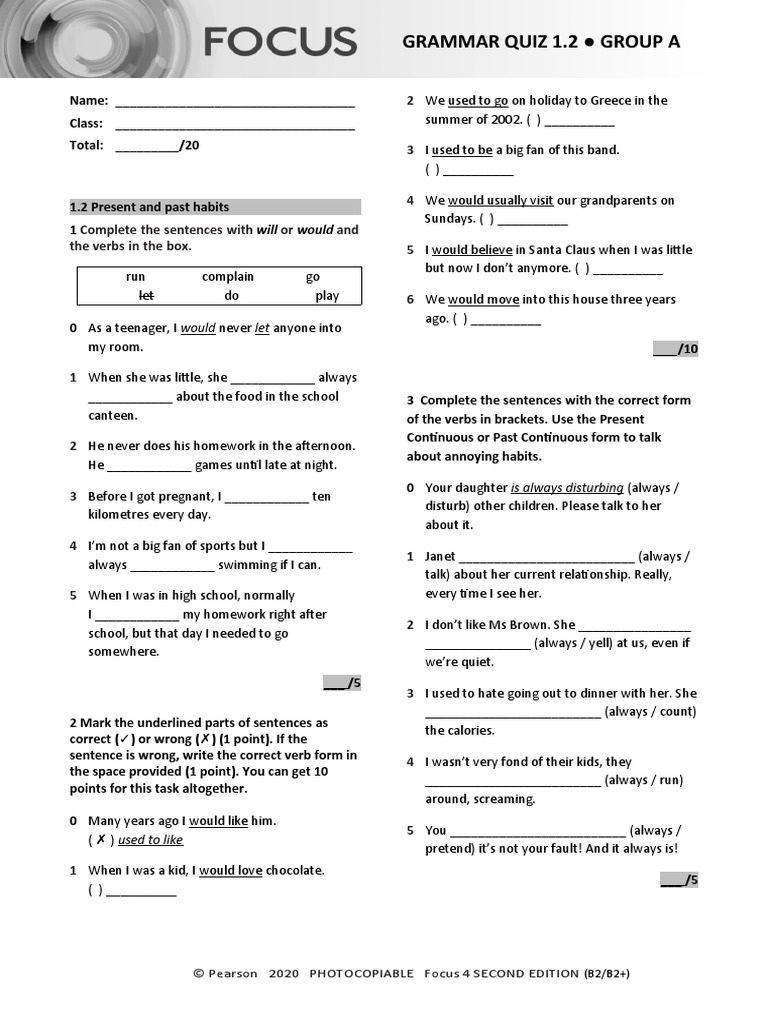 Focus4 2E Grammar Quiz Unit1 2 GroupA | PDF | Linguistic Typology ...