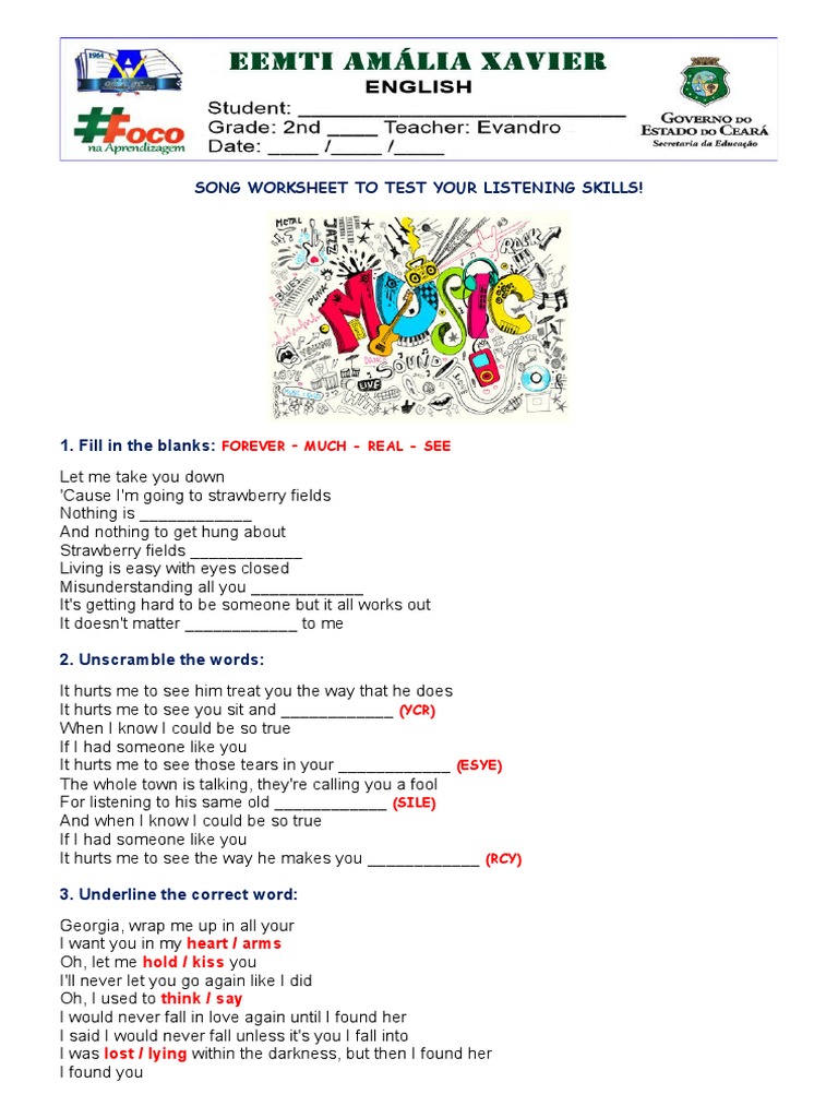 2nd English - Song Worksheet | PDF