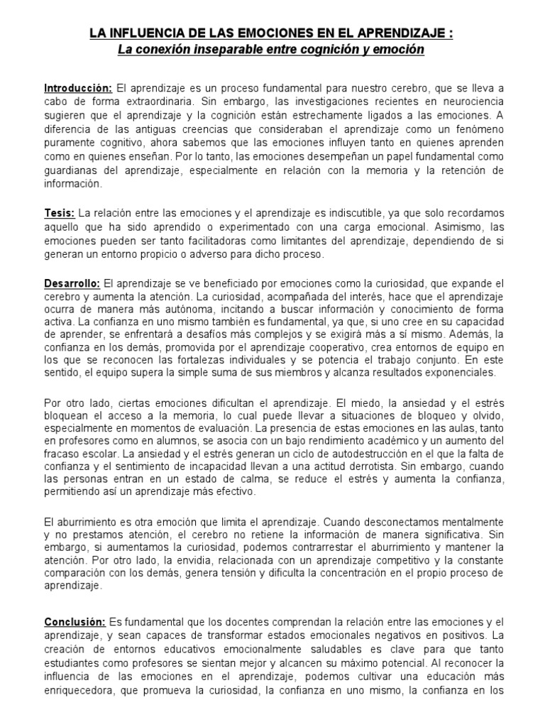La Influencia De Las Emociones En El Aprendizaje Pdf
