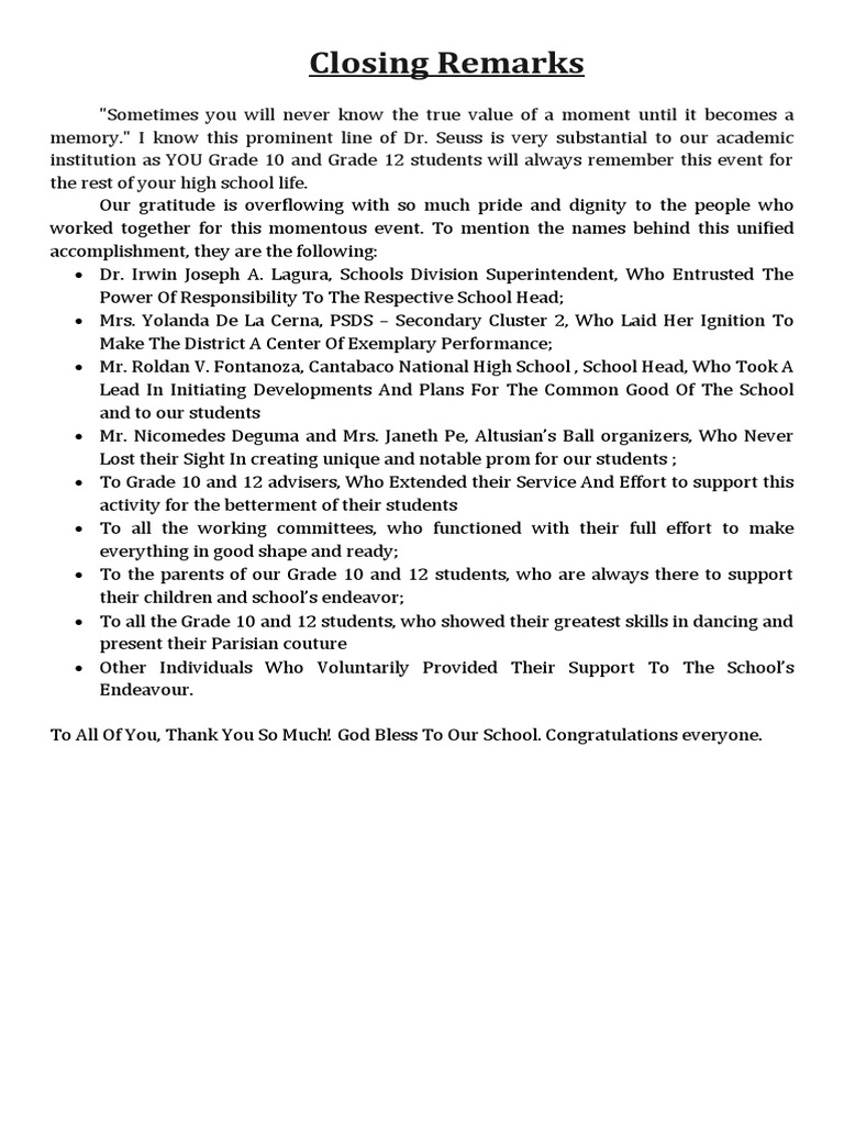 Prom Closing Remarks | PDF