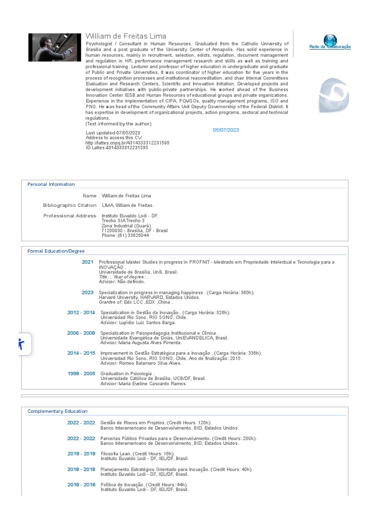 Curriculum System of Curriculum Lattes (William de Freitas Lima) | PDF
