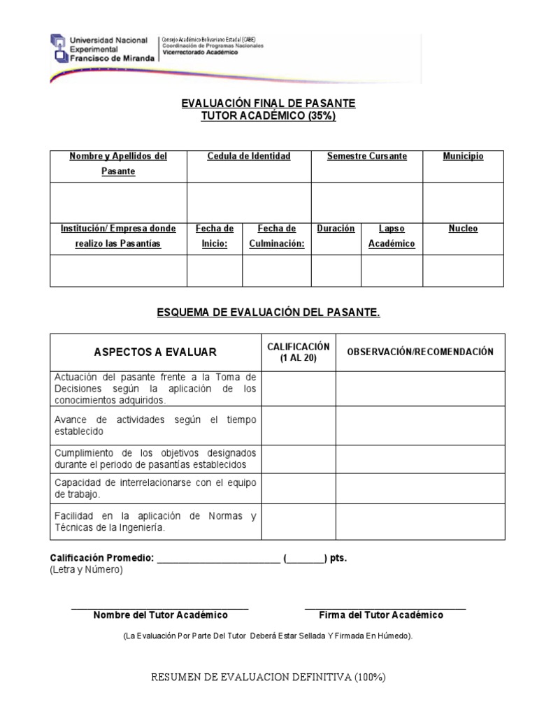 Formato Evaluación Tutor Academico UNEFM | PDF | Evaluación