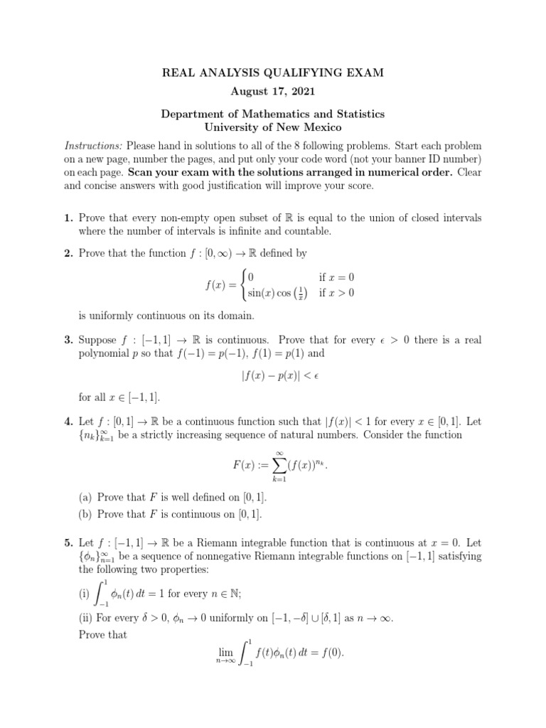 Real Analysis Qualifying Exam Problems | PDF | Function (Mathematics ...