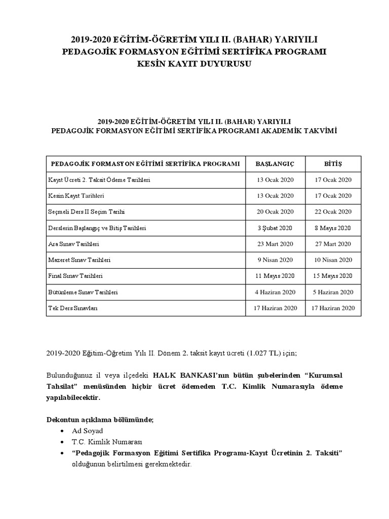 Pedagojik Formasyon E - Itimi Sertifika Program - II. D - Nem Kay - T Duyurusu | PDF