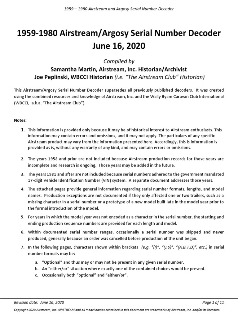 1959 To 1980 Airstream and Argosy Serial Number Decoder 2020-06-16 | PDF