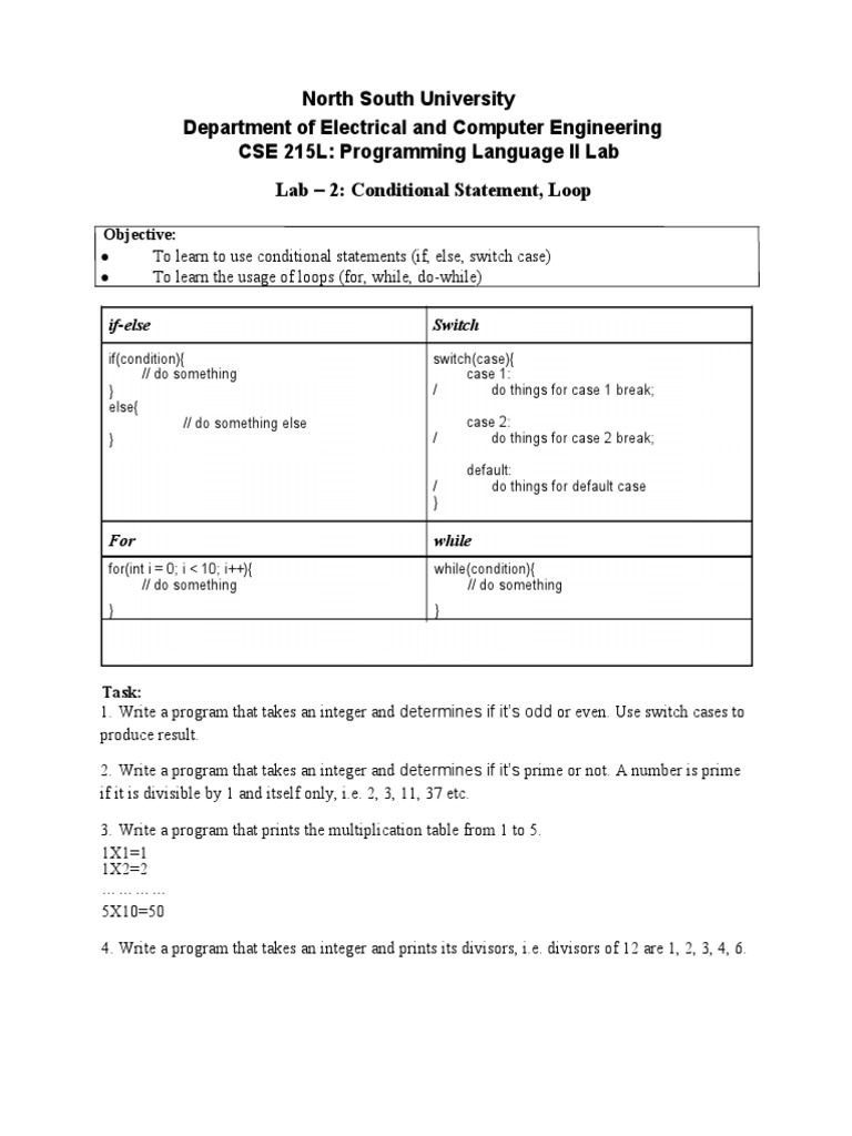 Lab Manual - Lab 2-Conditional Statements, Loops | PDF