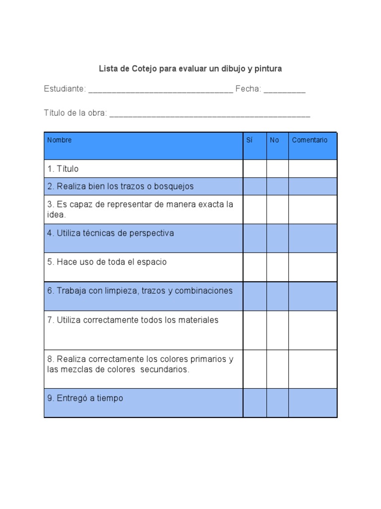 Lista de Cotejo para Dibujo Artístico | PDF | Métodos y materiales de ...
