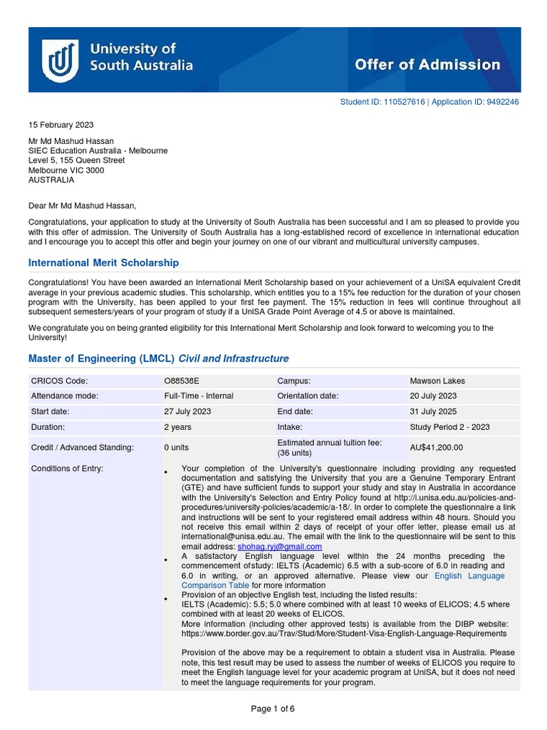 Offer Letter UniSA Modified | PDF