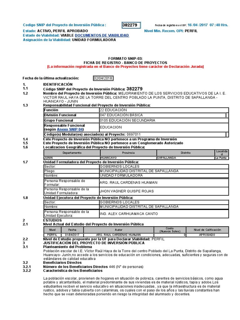 Ficha SNIP | PDF | Infraestructura | Enseñando