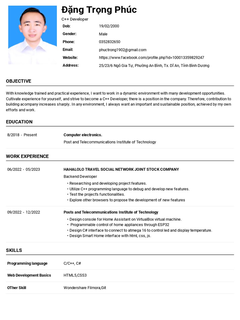 C++ Developer CV of Đặng Trọng Phúc | PDF | Business | Computers