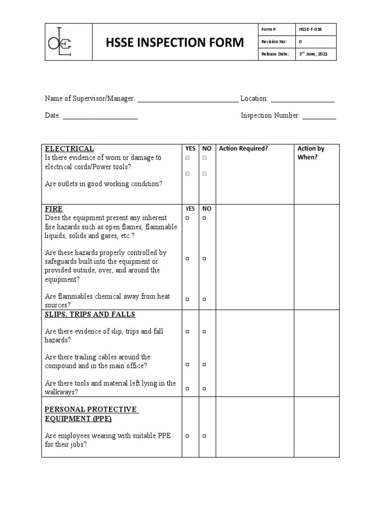 HSSE Inspection Checklist Form | PDF | Personal Protective Equipment ...