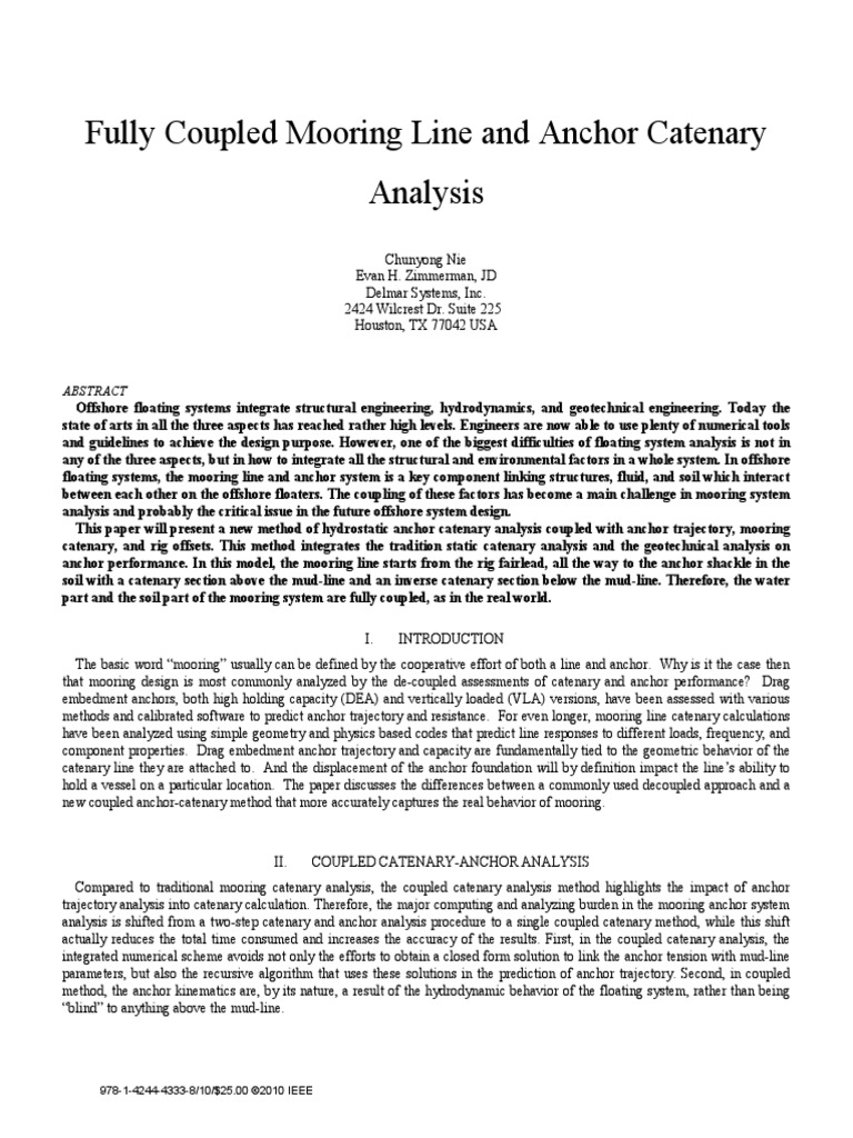 Fully Coupled Mooring Line and Anchor Catenary Analysis | PDF | Anchor | System