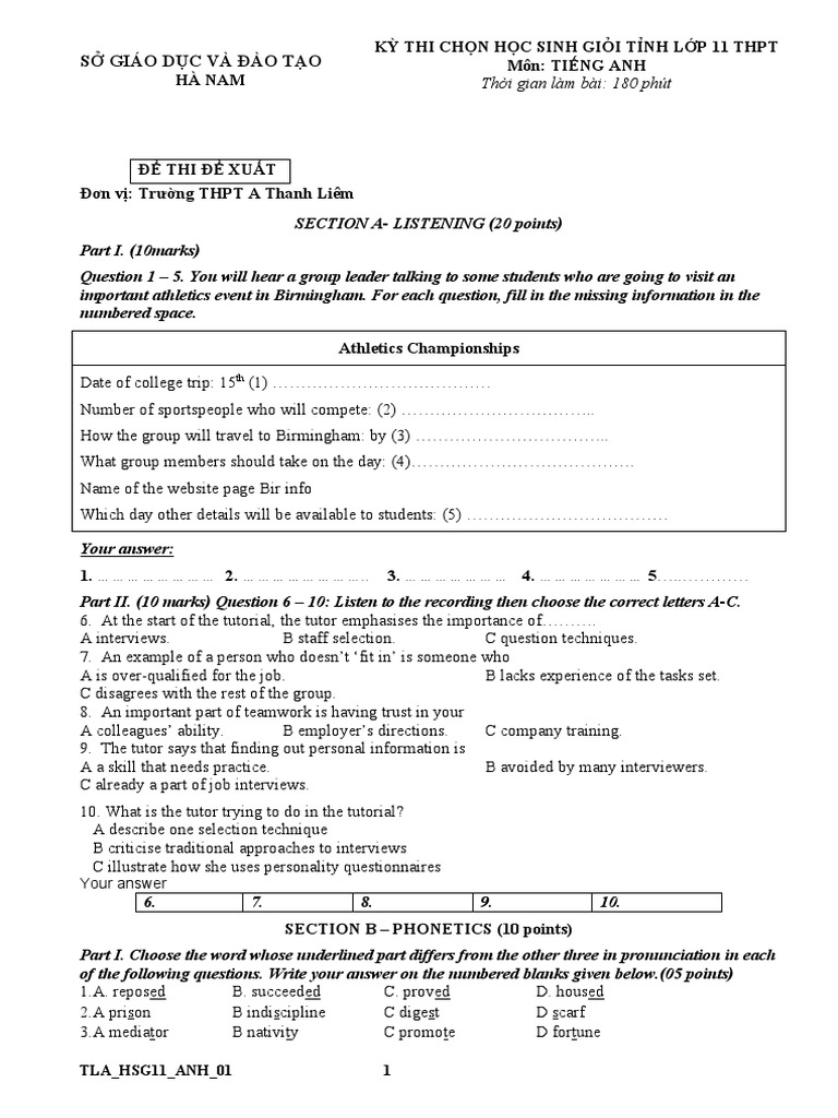 ĐỀ- THANH LIÊM A - HSG11 - ANH - 01 | PDF | Smoking