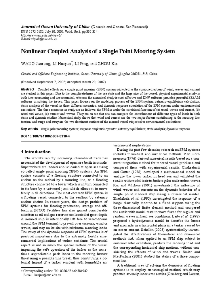 Nonlinear Coupled Analysis Of A Single Point Mooring System Pdf Damping Waves