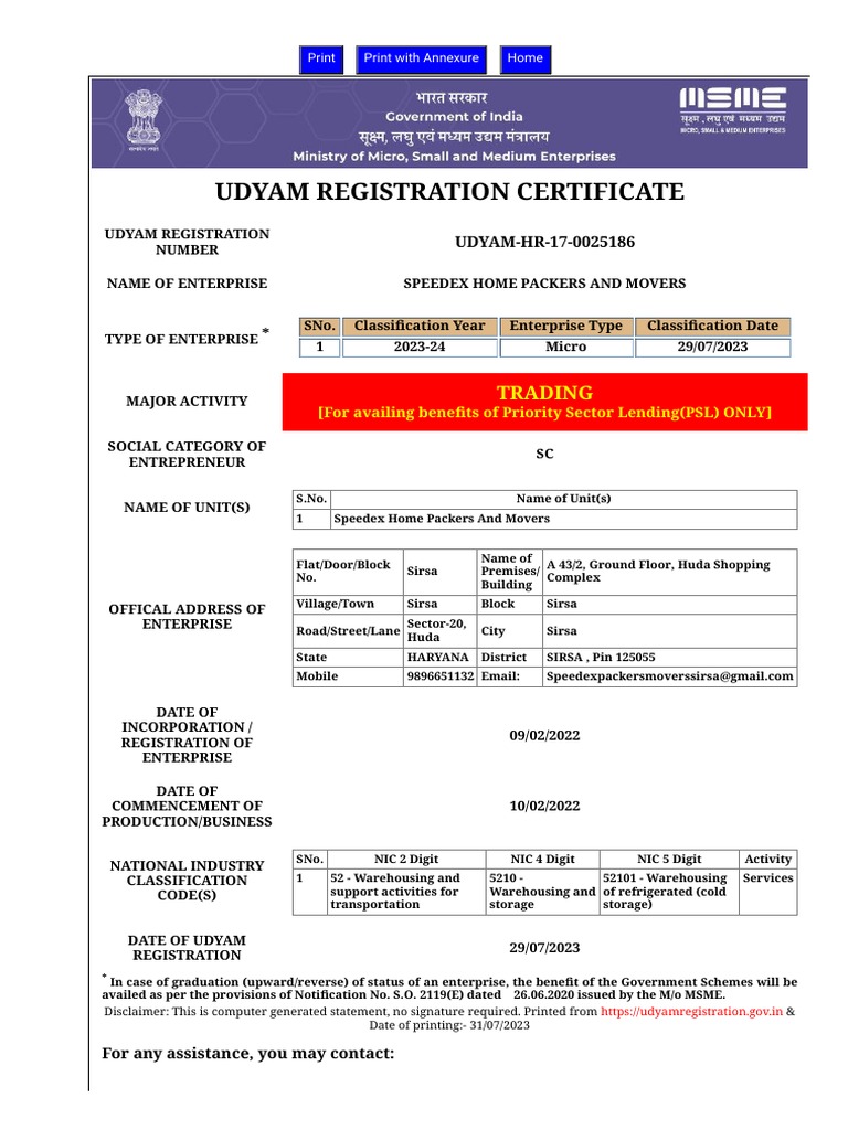 Print _ Udyam Registration Certificate | PDF | Warehouse | Economies