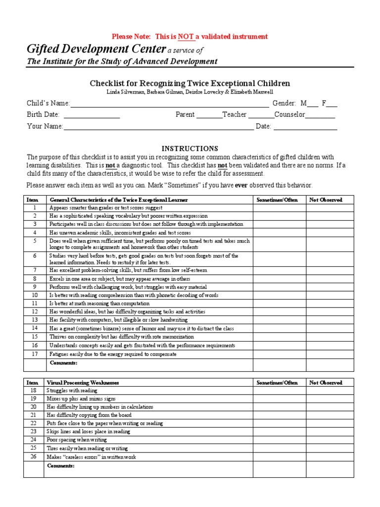 1-20-2019 Checklist For Recognizing 2e Children | Download Free PDF ...