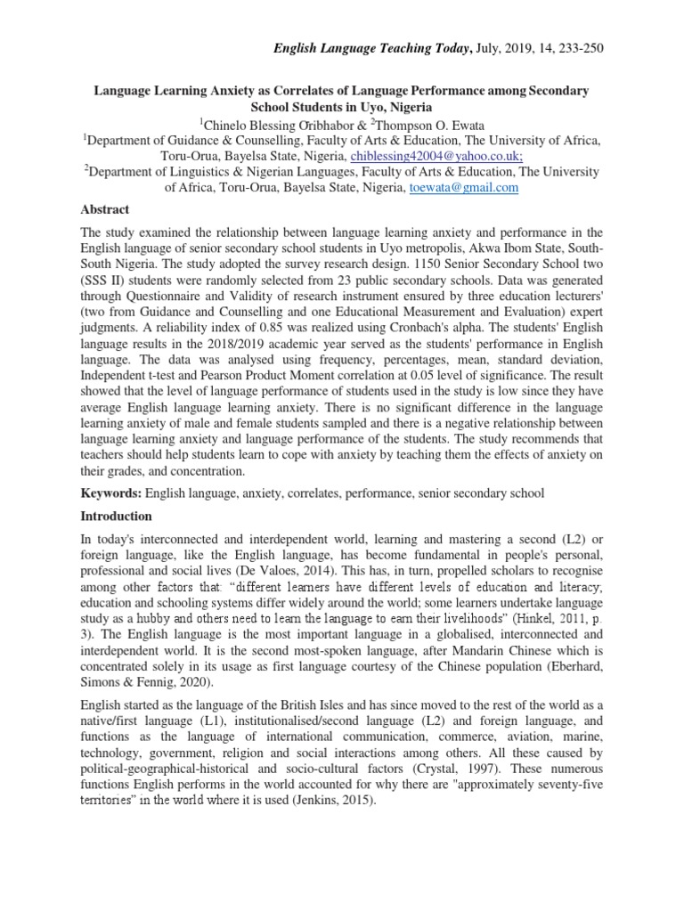Language Learning Anxiety As Correlates of Language Performance Among ...