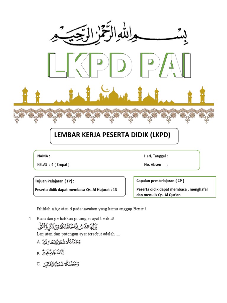 LKPD Pai Kelas 4 Qs Al Hujarat | PDF