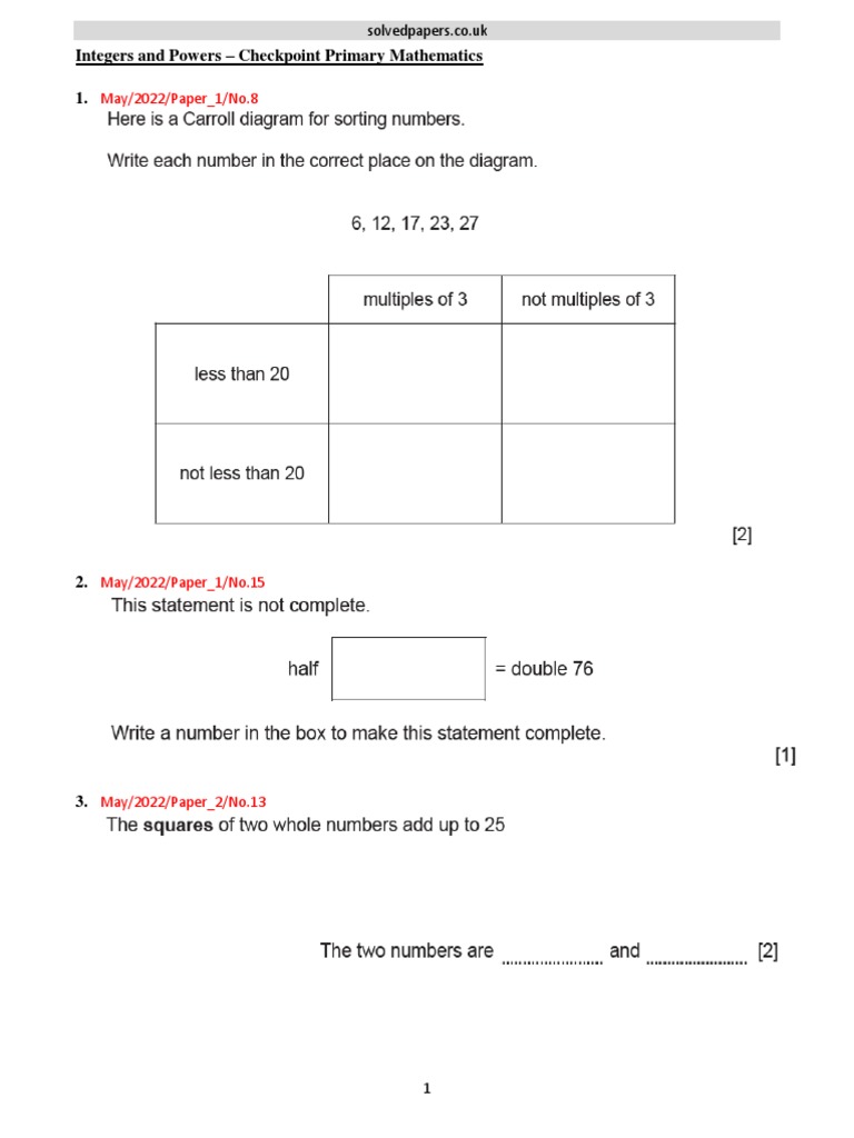 2022 17 Integers and Powers Checkpoint Primary Mathematics | PDF