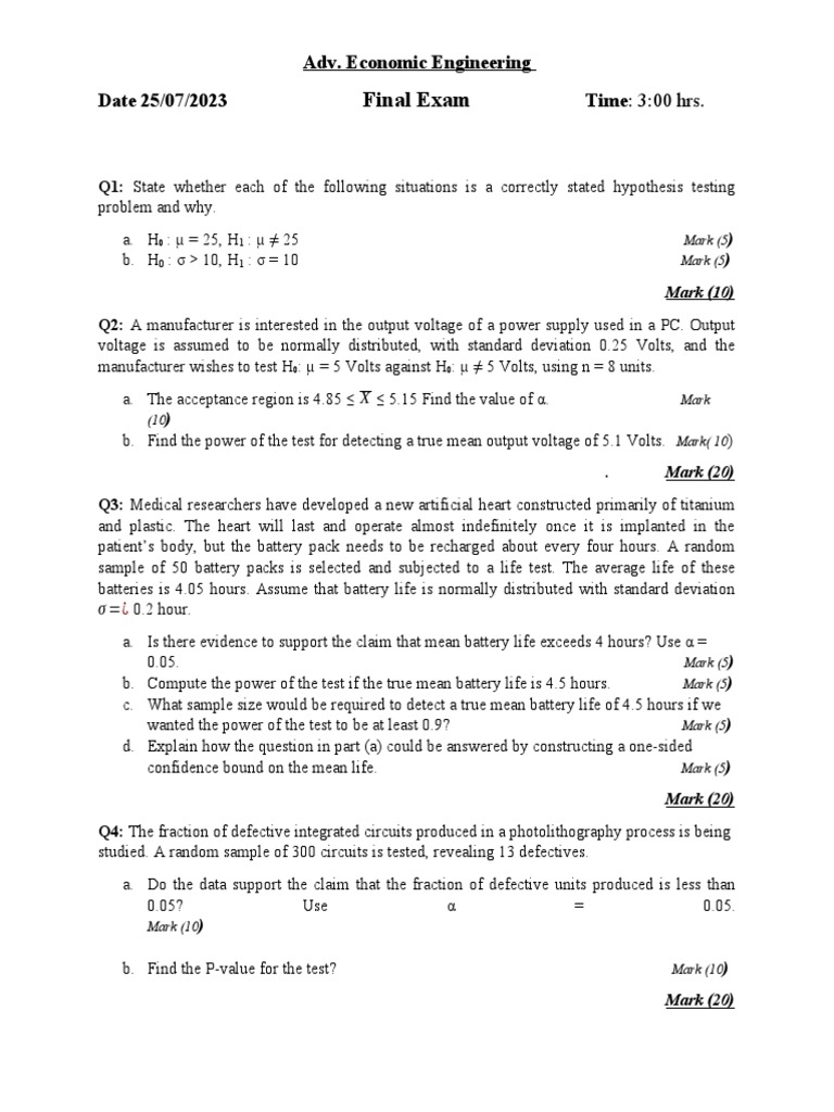 Final Exam Adv. Engineering Economic 2023 | PDF | P Value | Standard ...