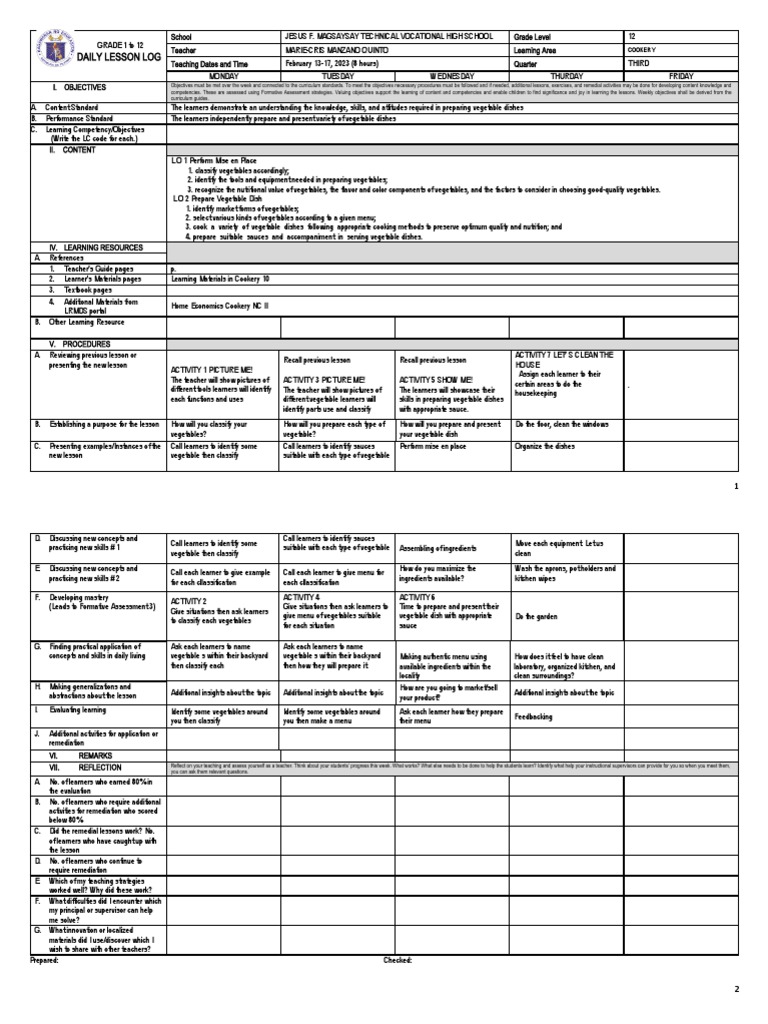 DLL Cookery 12: Week 1 Overview | PDF | Learning | Cooking