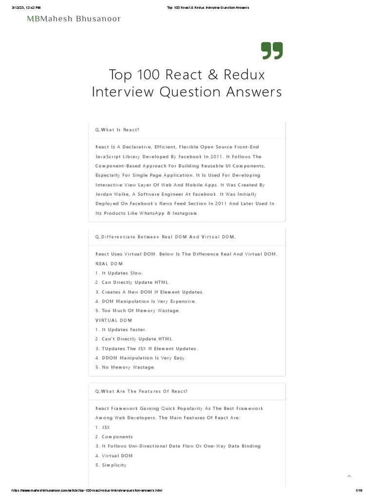 Top 100 React And Redux Interview Question Answers Pdf 