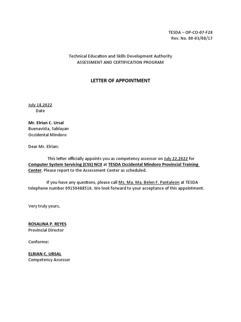 Appointment Letter for Competency Assessor | PDF
