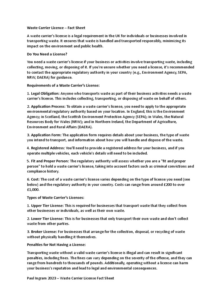 Waste Carrier Licence Fact Sheet | PDF