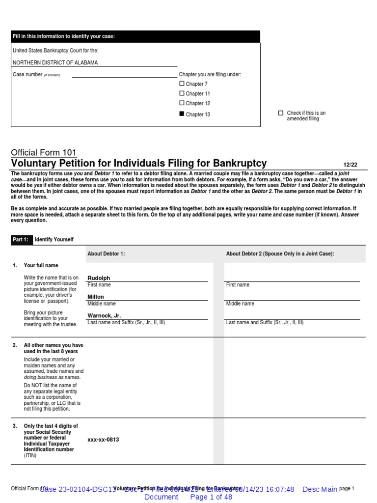 Bankruptcy Filing for Rudolph Warnock | PDF | Chapter 11 | Bankruptcy