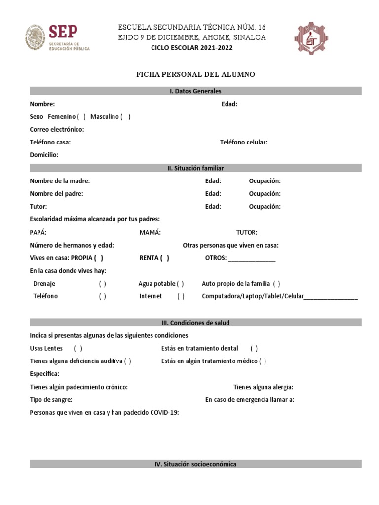 Ficha Personal Alumno Secundaria 16 | PDF