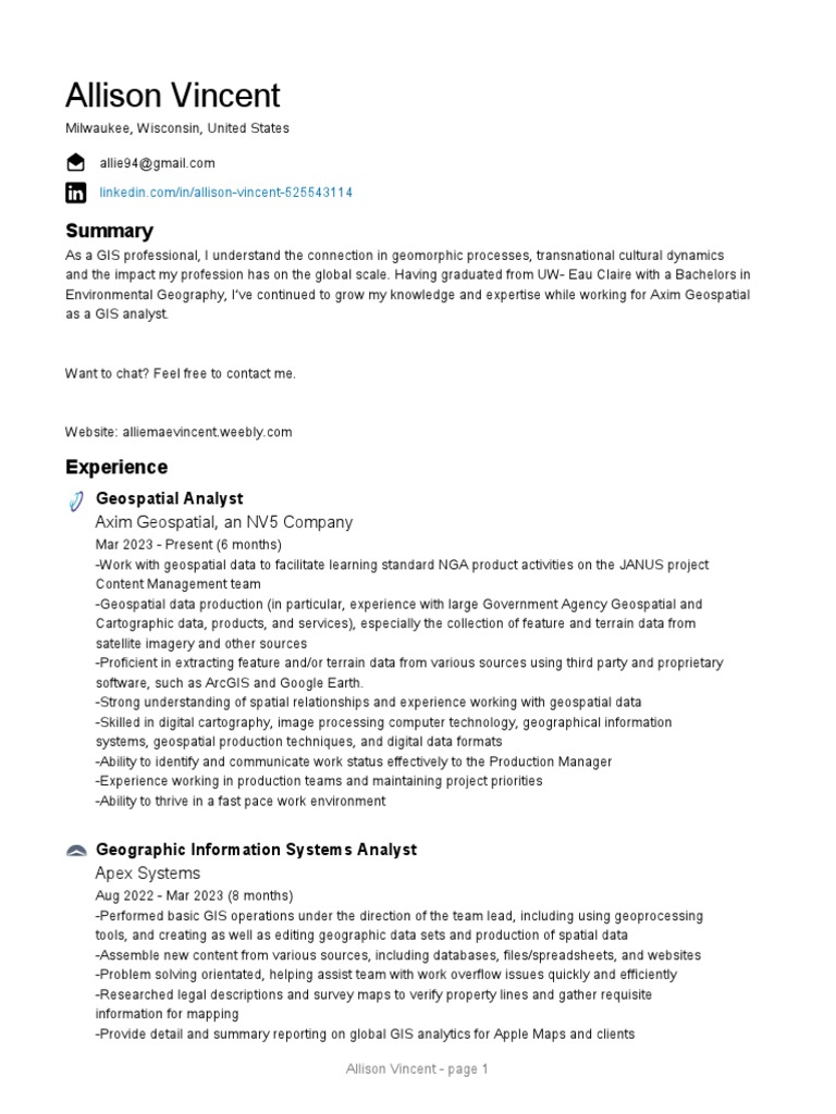 Resume Allison Vincent | PDF | Geographic Information System | Esri