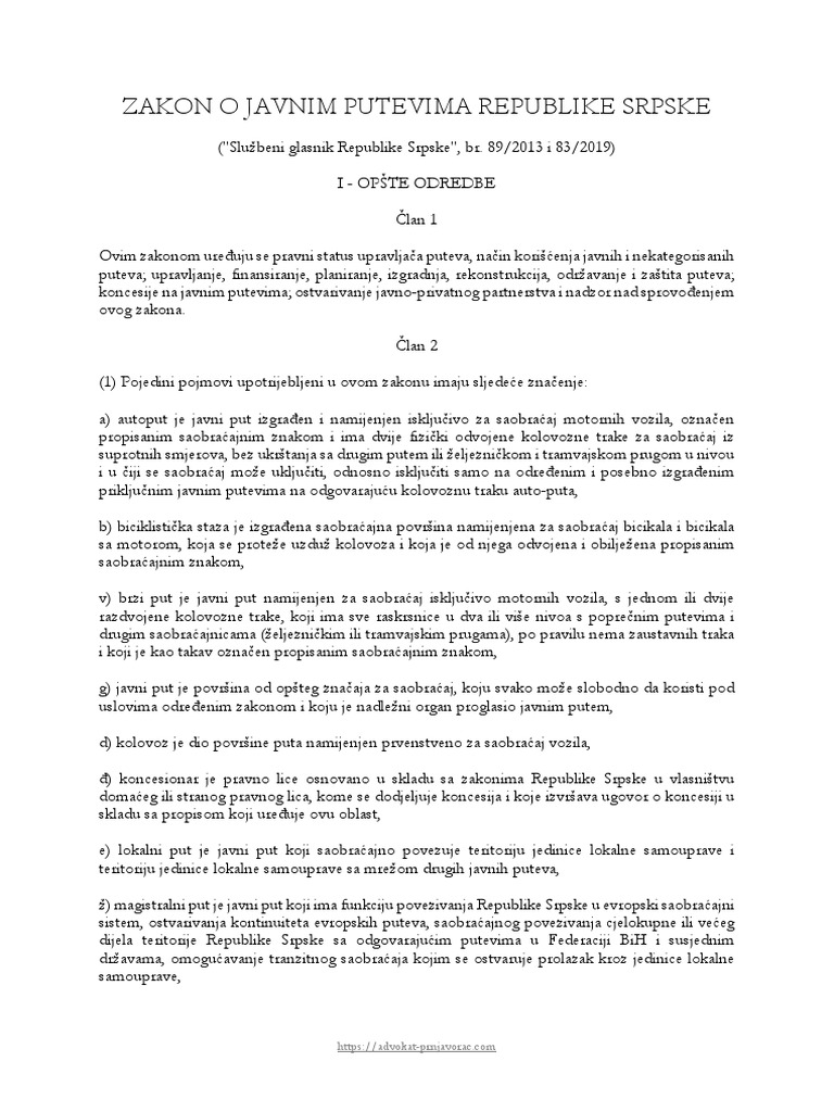 Zakon o Javnim Putevima RS | PDF