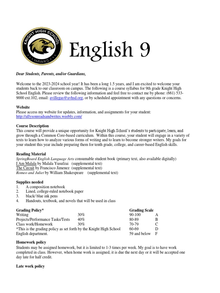 9th Grade English Syllabus 2023-2024 | PDF | Communication | Homework
