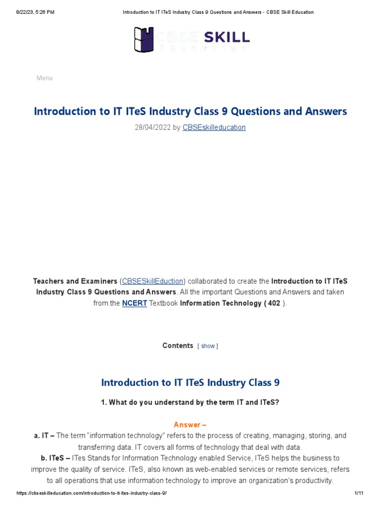 Introduction To IT ITeS Industry Class 9 Questions and Answers - CBSE ...