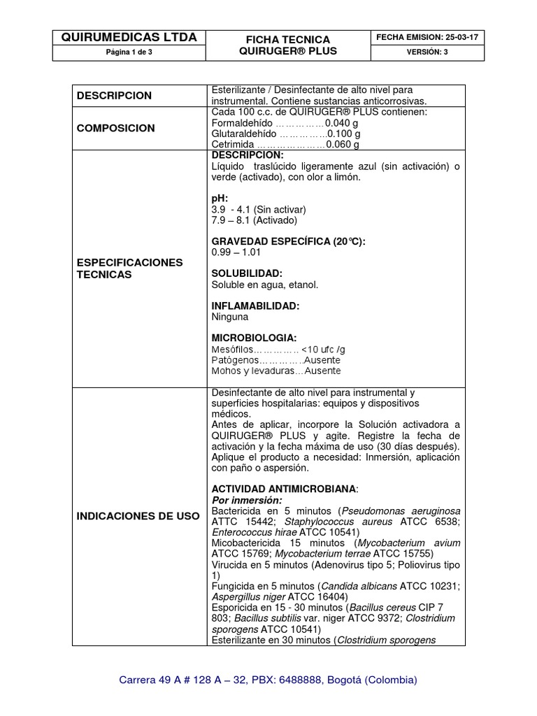Ficha Tecnica Quiruger Plus 2016 | Descargar gratis PDF | Sustancias químicas | Materiales