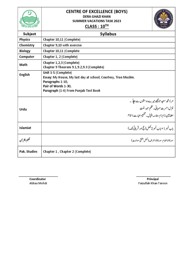 10th Summer Vacation Task | PDF