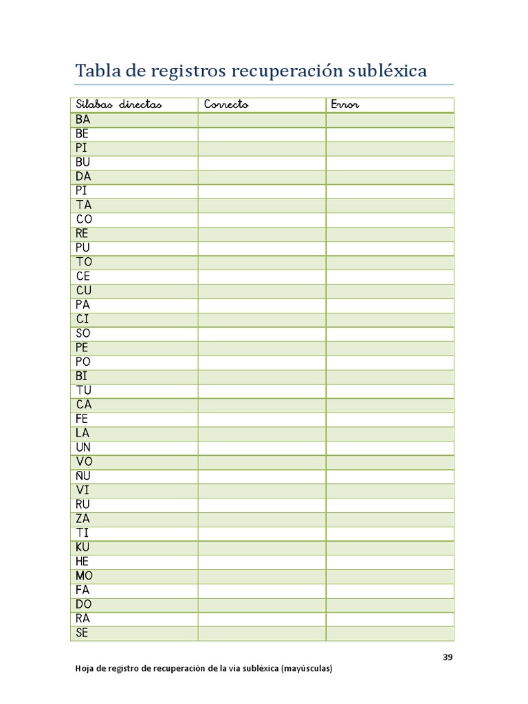 Tabla de Registros Silabas DIRECTAS Mayusculas | PDF