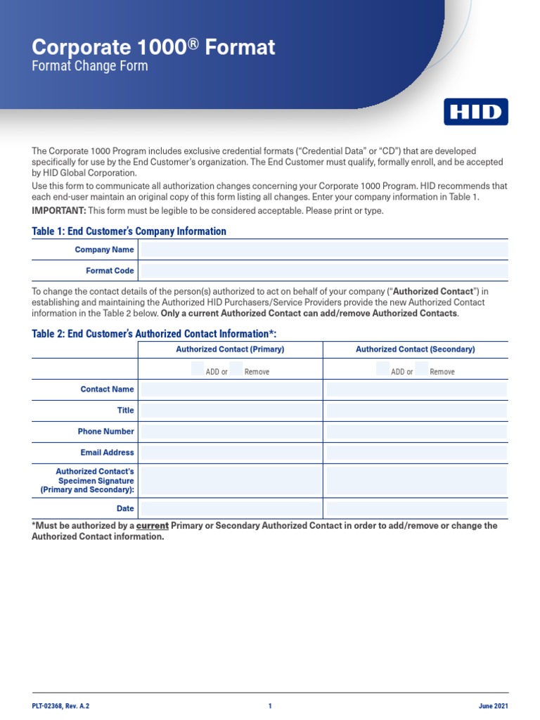PLT 02368 A.2 Hid Corporate 1000 Format Change Form | PDF