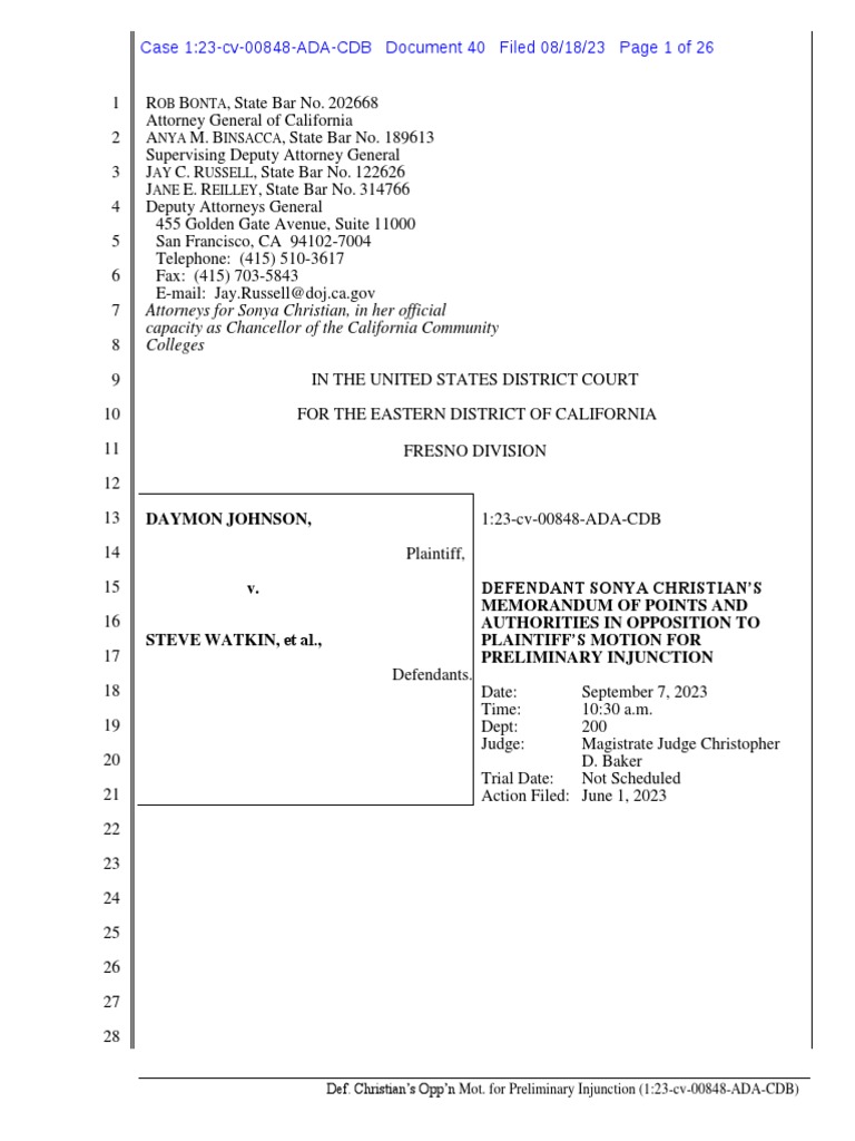 Johnson File - Endorsed Opp To Motion For Prelim Inj | PDF | Standing ...