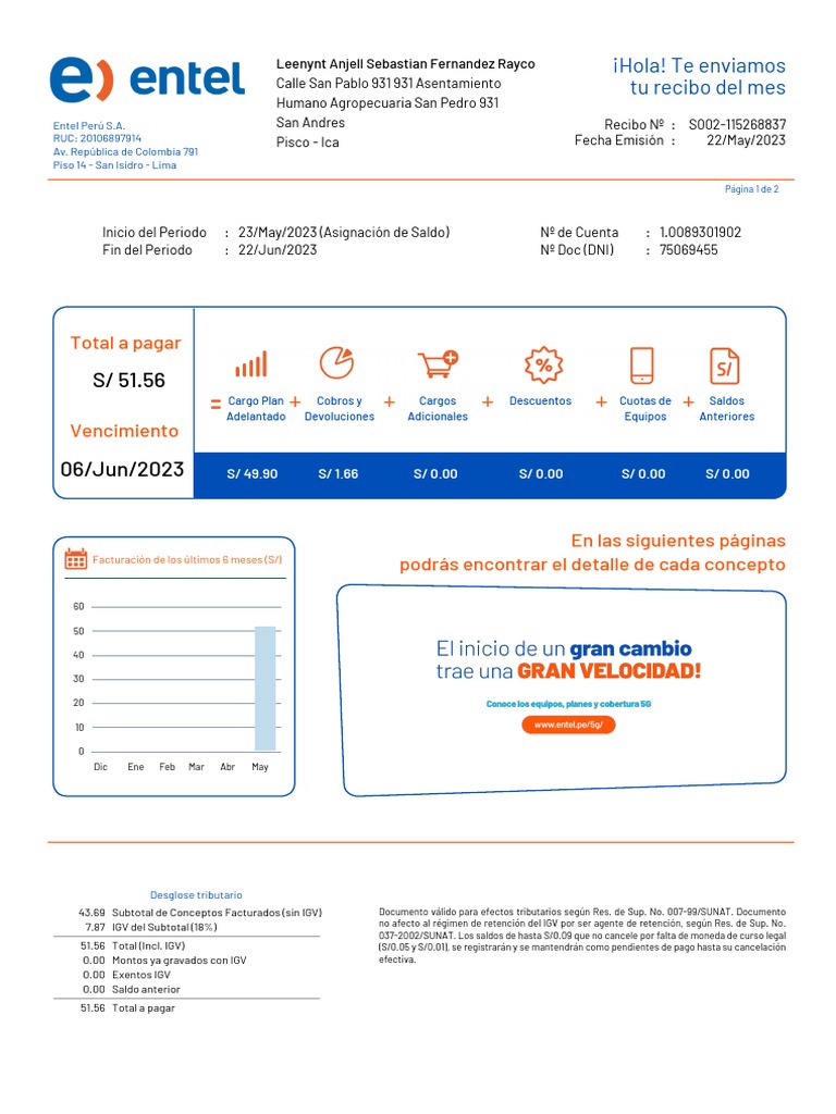 Recibo Mensual Entel Perú: Detalles y Pago | PDF