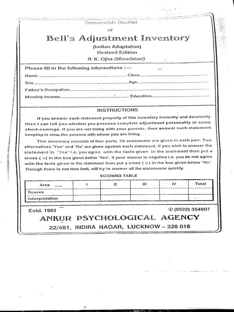 BELLS ADJUSTMENT SCALE QUESTIONNAIRE | PDF