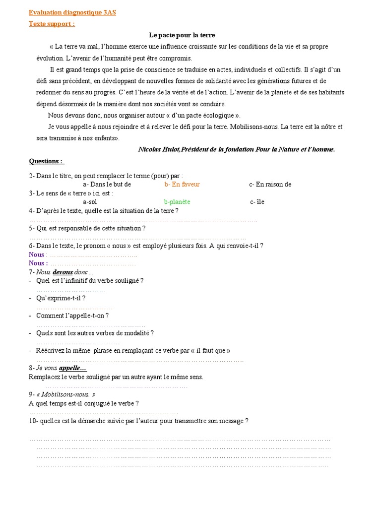 Evaluation Diagnostique 3AS 2023 Mido | PDF